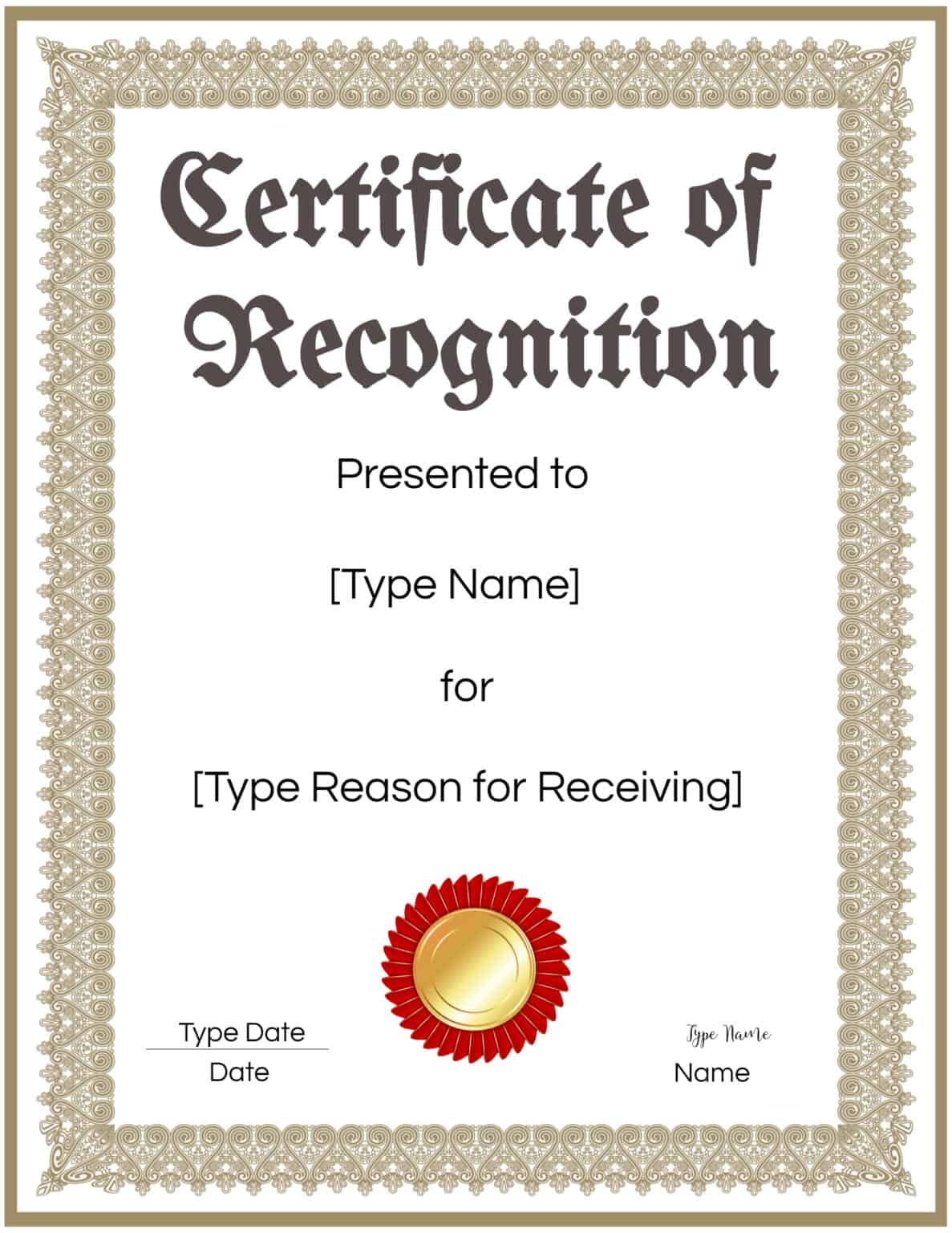 FREE Certificate Of Recognition Template Customize Online
